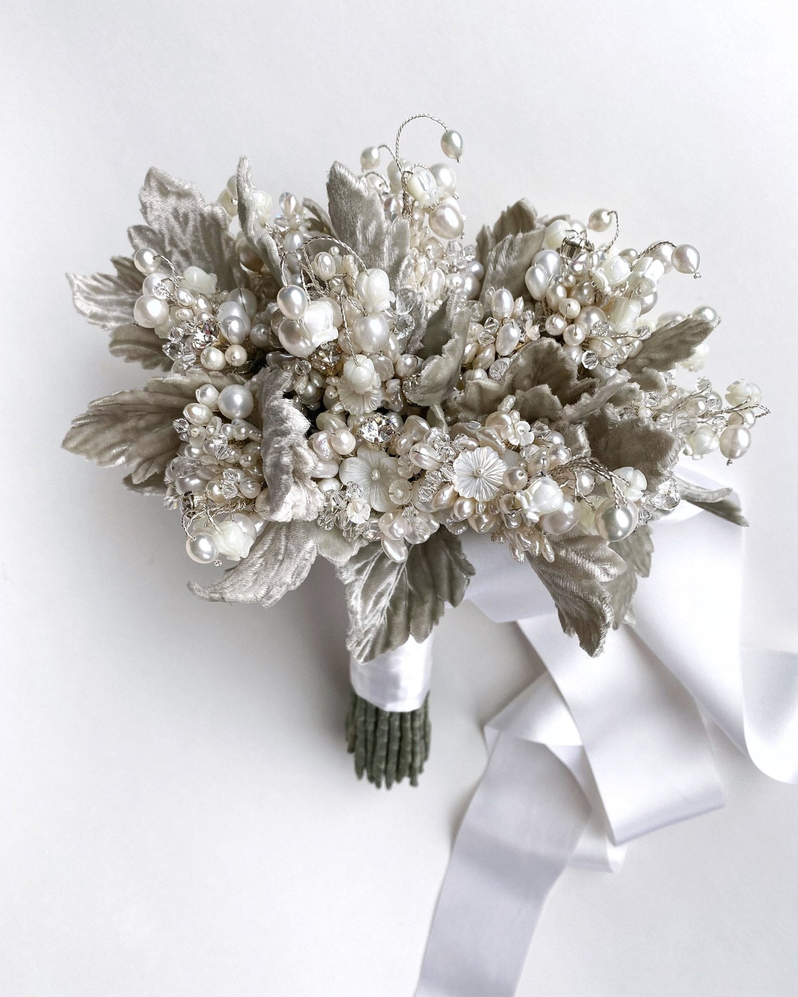 Lily of the Valley Wedding Bouquet Mother of Pearl Freshwater Pearl Swarovski Crystal Bridal White Marie Livet